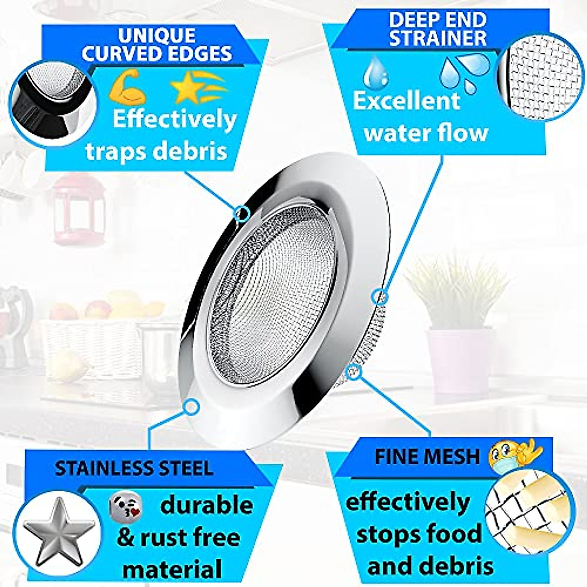 Kitchen Sink Strainer - Stainless Steel, Large Wide Rim 4.5", Anti Clogging, Wire Mesh Sink Strainers - Deep Basket, Quick Outflow, Effective Catching Debris (2-Pack)
