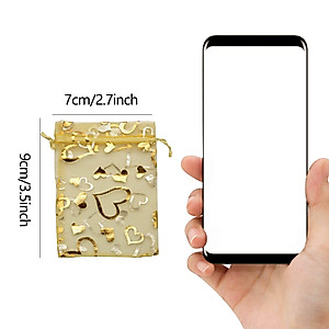 YYaaloa 100PCS Mini Sheer Heart Mixed Organza Bags 7X9 cm/2.7X3.5 inches, Drawstring Chic Gift Beauty Bags, Wedding Favor Bags Candy Jewelry Gift Bags (Gold, 2.7x3.5 inch)