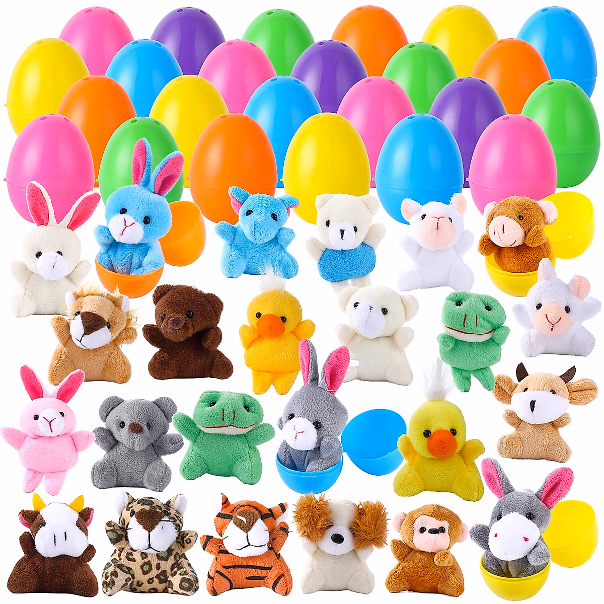 ThinkMax 24 pcs Easter Eggs Filled with Mini Plush Animals Toy for Basket Stuffers/Fillers, Hunt, Party Favor
