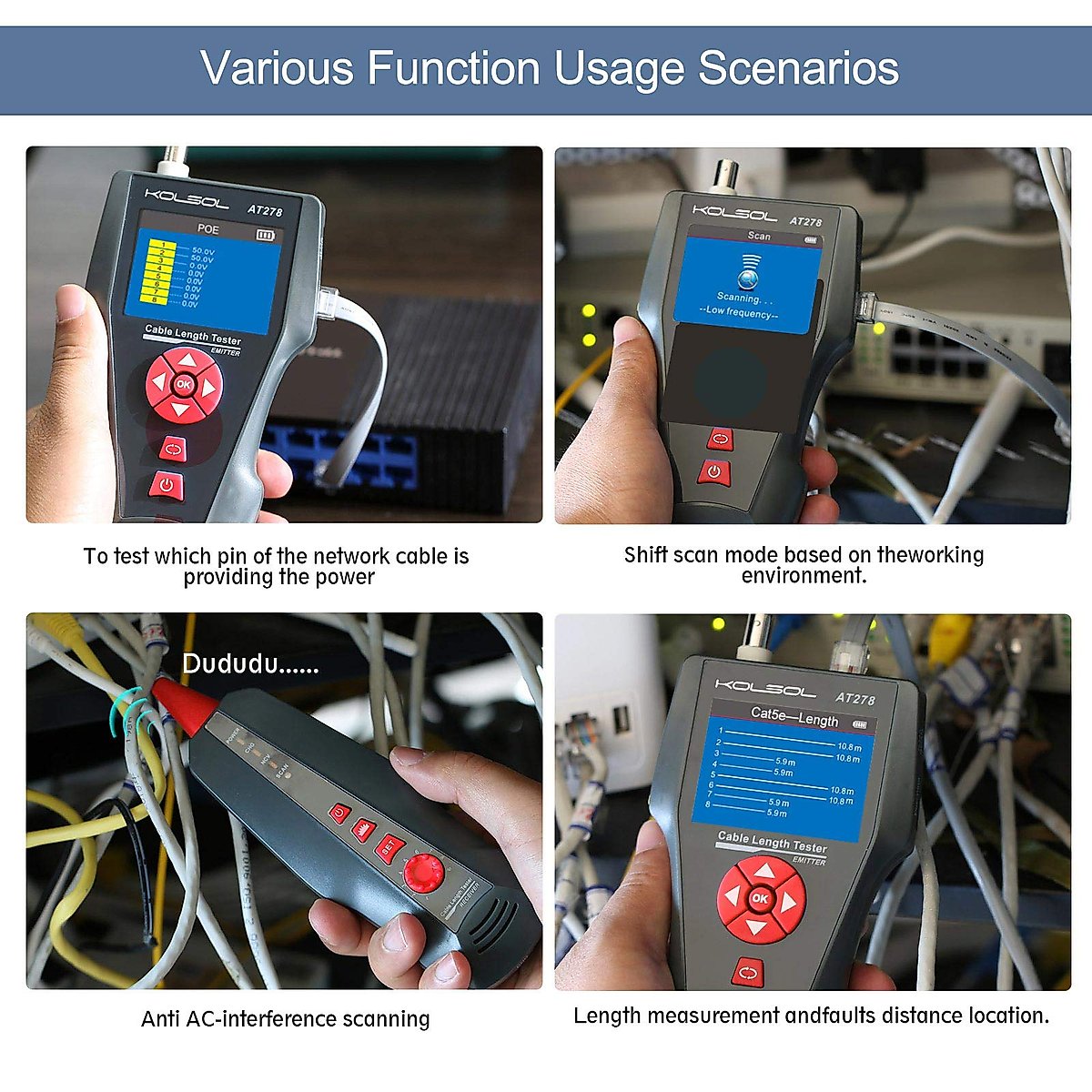 Network Cable Tester, AT226-C NF-8601W LAN Ethernet Cable Tester RJ45 UTP STP Diagnose Tone Tracer Network Cable Length Tester for RJ45, RJ11, BNC, PING/POE 8 Identifier Telephone Wire Tracker