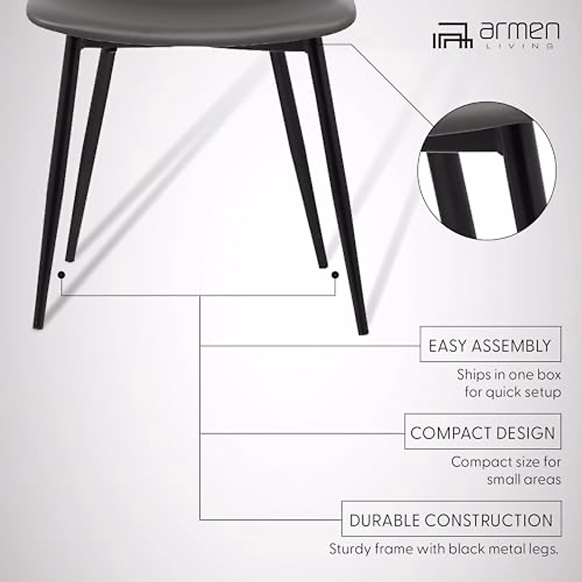 Armen Living Monte Mid Century Modern Dining Accent Chair for Table Kitchen Desk Vanity in Charcoal Gray Faux Leather with Black Metal Legs