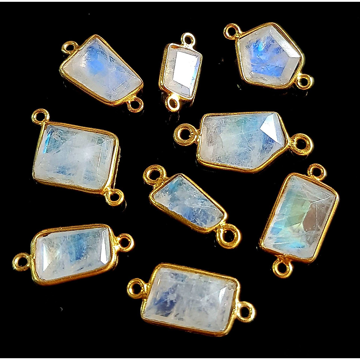 4 Piece Natural White Rainbow Moonstone Connector, Gold Plated Pendant Connector Rainbow Double Looped 8x14 to 8x16 MM Size [CQB 205]