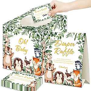 HPMNS 52 PCS Woodland Diaper Raffle Tickets with Box for Baby Shower, Baby Shower Games Invitations Decorations for Boy or Girl with Diaper Raffle Cards Sign for Baby Shower Gender Reveal Party