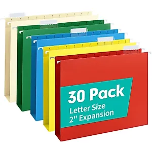 HERKKA Extra Capacity Hanging File Folders, 30 Reinforced Hang Folders, Heavy Duty 2 Inch Expansion, Designed for Bulky Files, Medical Charts, Assorted Colors, Letter Size, 30 Pack