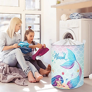 Clastyle 45L Colorful Mermaid Blue Girls Laundry Hamper Starfish Seashells Round Toy Clothes Storage Basket for Kids Room, 14.2x17.7 in