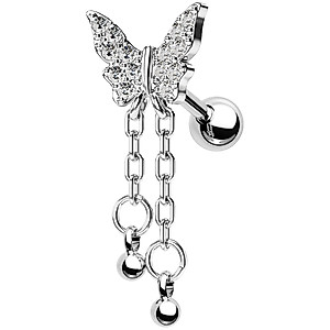 OUFER Butterfly Helix Piercing Jewelry,16G Surgical Steel Cartilage Earrings, Chain dangle Tragus Earrings, Clear CZ Forward Helix jewelry for Women