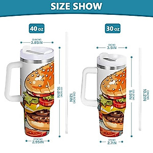 Jihqo Cartoon Burger 40 oz Stainless Steel Vacuum Insulated Tumbler with Handle and Straw Lid, Leakproof Water Bottle Double Wall Travel Mug Coffee Cup, Cupholder Friendly