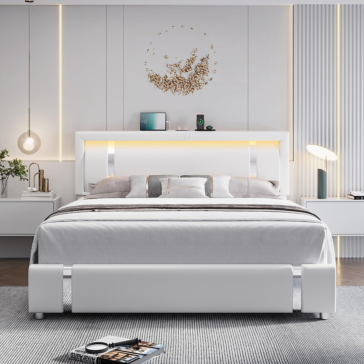 Keyluv King Size Bed Frame with RGB LED Lights & 2 Storage Drawers, Modern Upholstered Platform Bed with Iron Metal Decor, USB Charging Ports, White