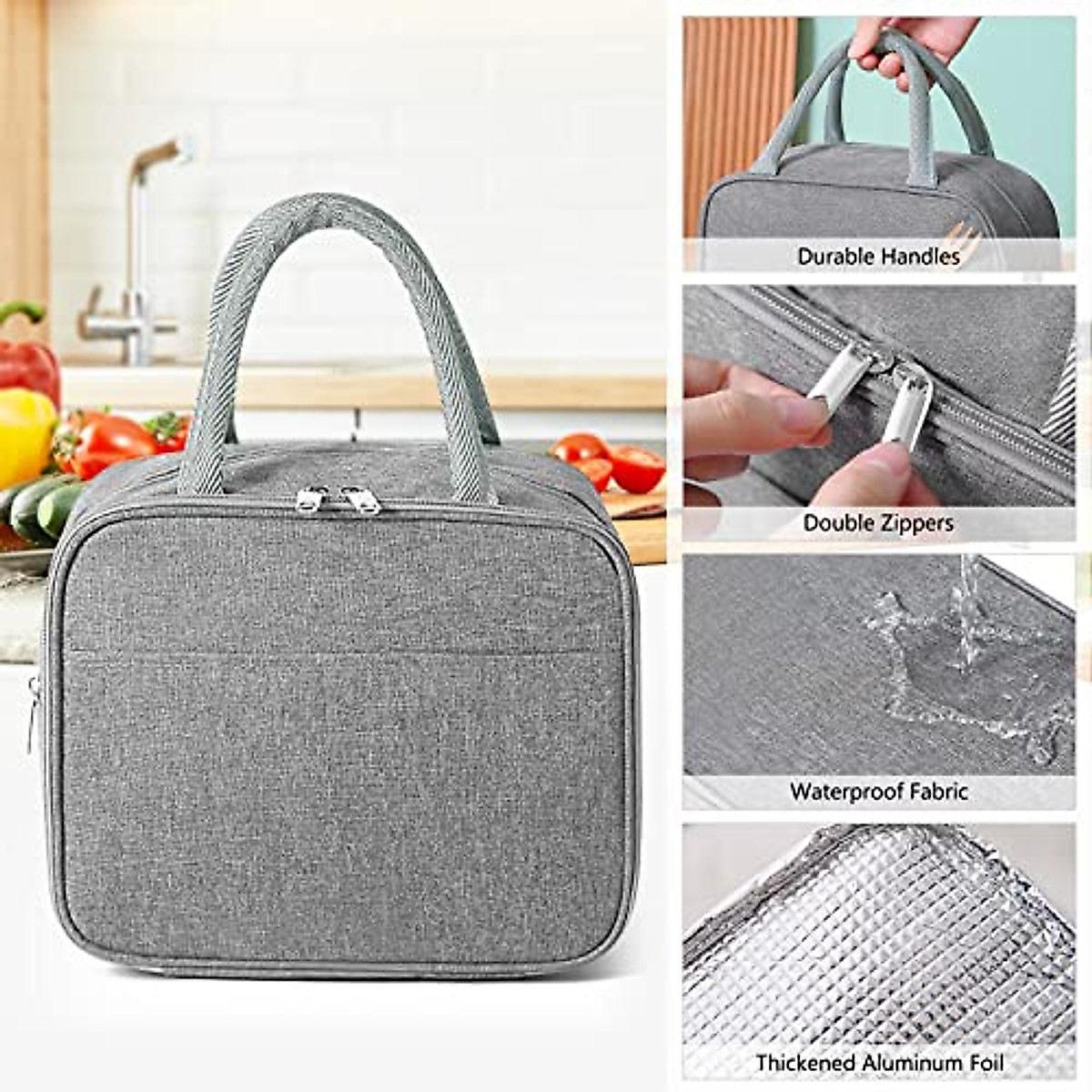 Toplive Lunch Bag, Reusable Insulated Lunch Bag, Waterproof Cooler Tote Meal Prep Lunch bag for Men & Women Work, Cute Lunch Cooler Bento Boxes Bags with Thickened aluminum Foil, Gray