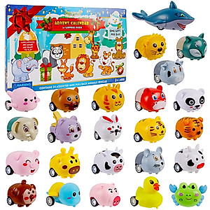 Juegoal Cars Advent Calendar 2023 for Kids, Animal Stocking Stuffer Toy Cars with 24 Different Pull Back Animals Vehicles Surprise Every Day, Race Cars Perfect for Toddler, Boys and Girls