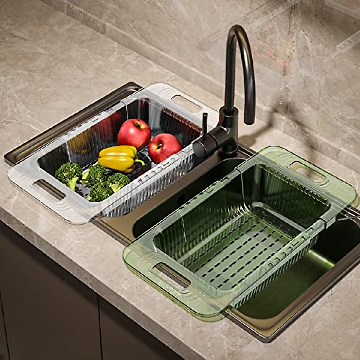 Creahappy 14inch Extendable Over the Sink Colander Strainer Basket Adjustable Strainer Sink Washing Basket Collapsible Colander Fruit Vegetable Strainer Drainer Basket for Kitchen Sink