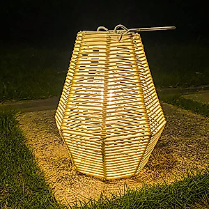 Outdoor Solar Lantern Hanging Decorative Solar Rattan White Lanterns with Handle Large Solar Table Lamp Waterproof for Patio Garden Wedding Home Decor