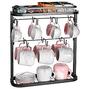 Coffee Mug Holder, 2 Tier Mug Tree Metal Double-Side Mug Holder for Holds At Least 14 Mugs, Counter Coffee Cup Holder Organizer with Storage Shelves for Coffee Mug Cups, Black(Mugs Not Include)