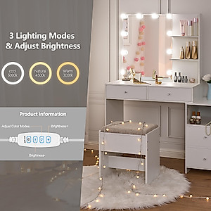 ANWBROAD Makeup Vanity Desk Vanity Set with LED Lighted Mirror Makeup Vanity Table Set with Charging Station Nightstand 3 Colors Modes Dimming Cushioned Stool (Crystalline Handles) UBDT13W