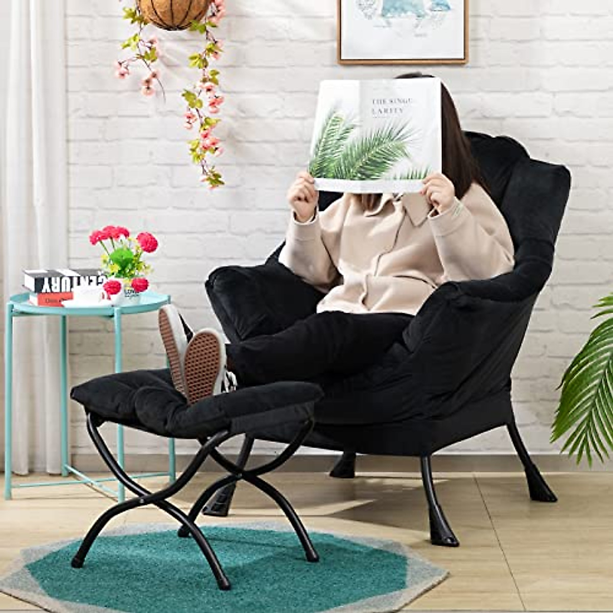 HollyHOME Modern Fabric Large Lazy Chair, Accent Comfy Upholstered Lounge Chair, Thick Padded Back Reading Chair with Armrest, Single Leisure Sofa Chair for Bedroom, Living Room, Dorm, Black