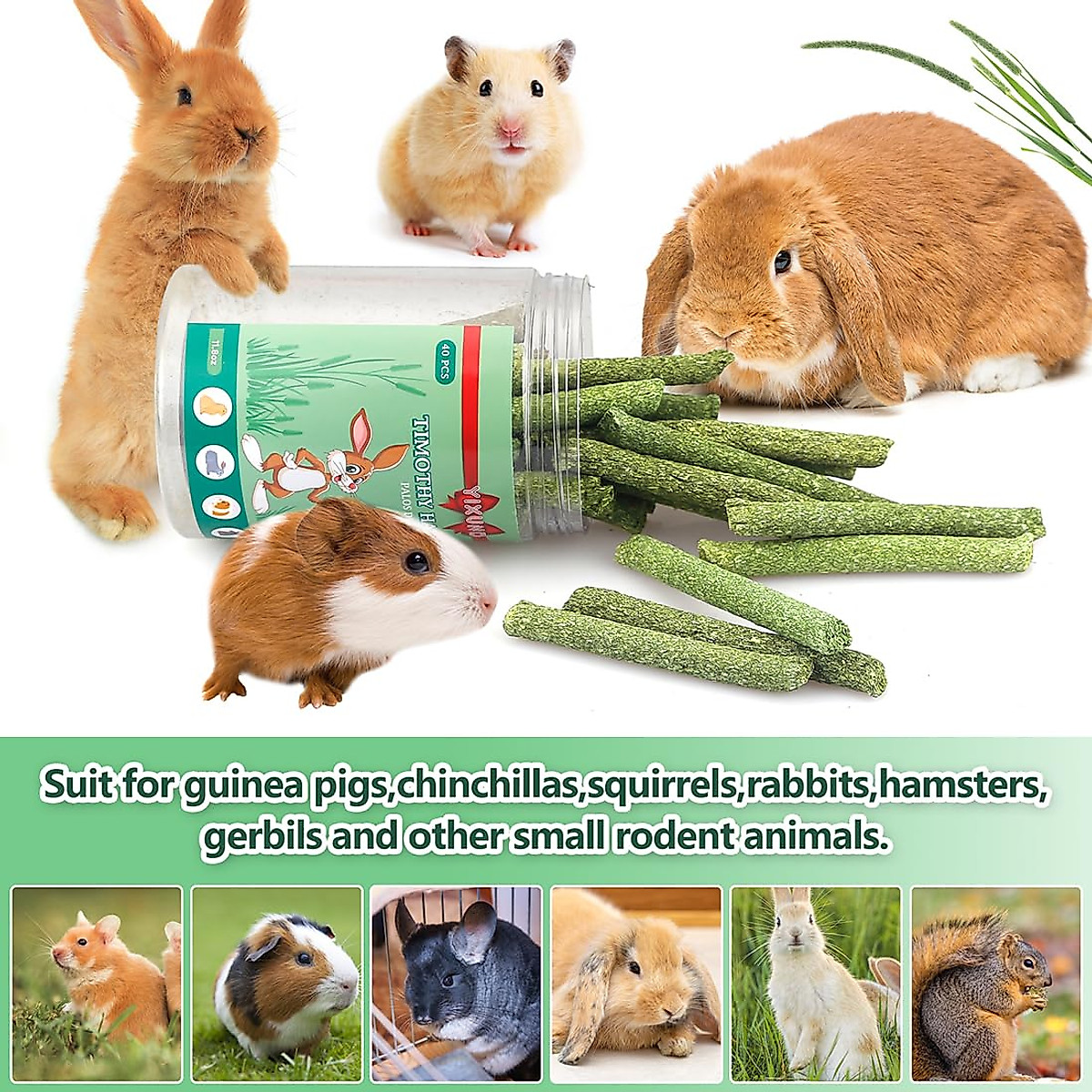 YIXUND Timothy Hay Sticks Treats for Rabbits,40Pcs Bunny Chew Toys Guinea Pig Toys Hamster Toys Molar Teeth Natural Handmade for Chinchilla Rat Gerbil and Other Small Animals