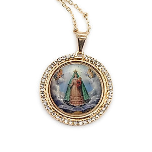 LESLIE BOULES Virgin Caridad del Cobre Pendant Necklace 18K Gold Plated Chain Religious Jewelry