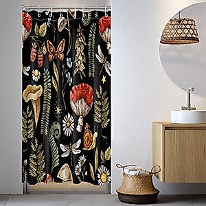 LB Vintage Red Mushroom Shower Curtain Decor,Rustic Green Plant and Floral on Black Background Shower Curtain for Bathroom 48X68 inch Polyester Fabric Bathroom Decoration Bath Curtains Hooks Included