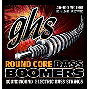 GHS Strings RC-ML3045 Round Core Bass Boomers, 4-Set, Medium Light Gauge, 45-100, (37.25" winding)