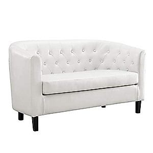 Emma Love Seat, Button Tufted Faux Leather Barrel Loveseat, Midcentury Modern 2 Seater Sofa Couch, Small Loveseat for Small Spaces, Bedrooms, Couches for Living Room, Easy Tool-Free Assembly - White