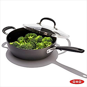 OXO Good Grips 3QT Chef's Pan with Lid and Helper Handle, 3-Layered German Engineered Nonstick Coating, Stainless Steel Handle with Nonslip Silicone, Black