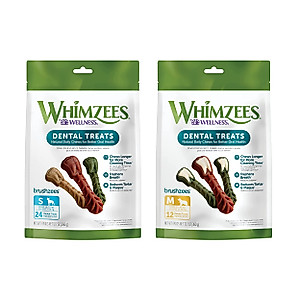 Whimzees by Wellness Brushzees Small + Medium Size Bundle, Natural Dental Chews for Dogs, Grain-Free, 24 Count of Small Size + 12 Count of Medium