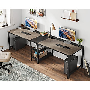 Tribesigns 90.55'' 2 Person Desk with Storage Shelves, Double Computer Desk with Spacious Desktop, Extra Long Study Writing Table Workstation for Home Office (Black & Gray)