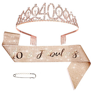 40th Birthday Decorations for Women, 40th Birthday Gifts for Women Including 40th Birthday Crown/Tiara＋40th Birthday Sash for Women＋Pearl Pin, 40th Rhinestone Crown Kit (Rose Gold)