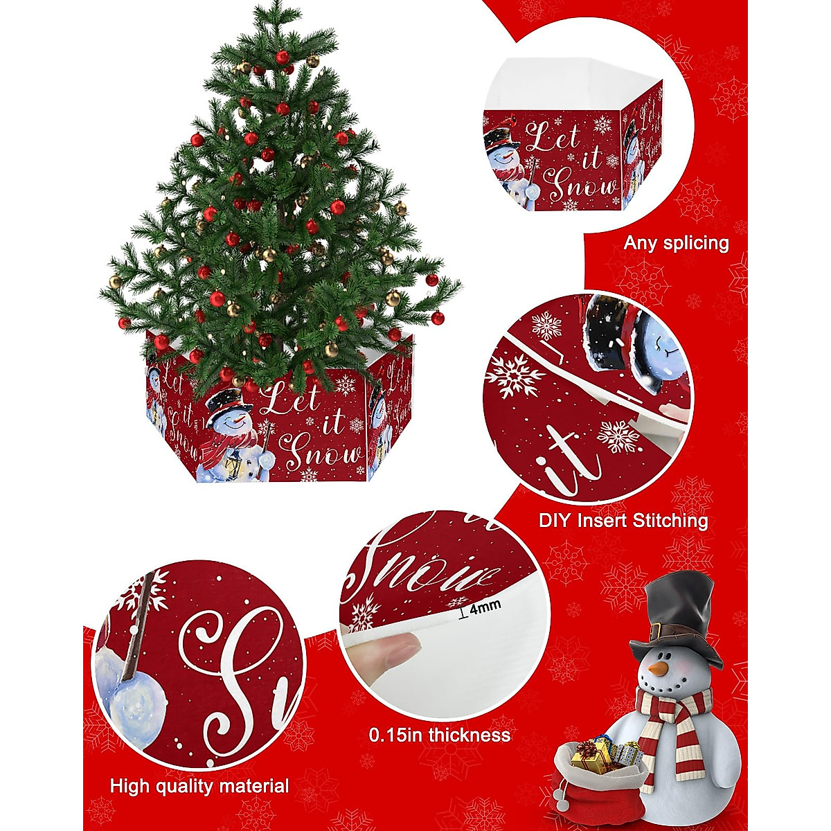 Snowman Bird Christmas Tree Collar Tree Box Stand Cover,Artificial/Pencil/Silm/Skinny Tree Ring 6 Packs Collapsible Tree Skirt for Christmas Xmas Tree Decorations,Retro Christmas Red Snowflake 17"x10"