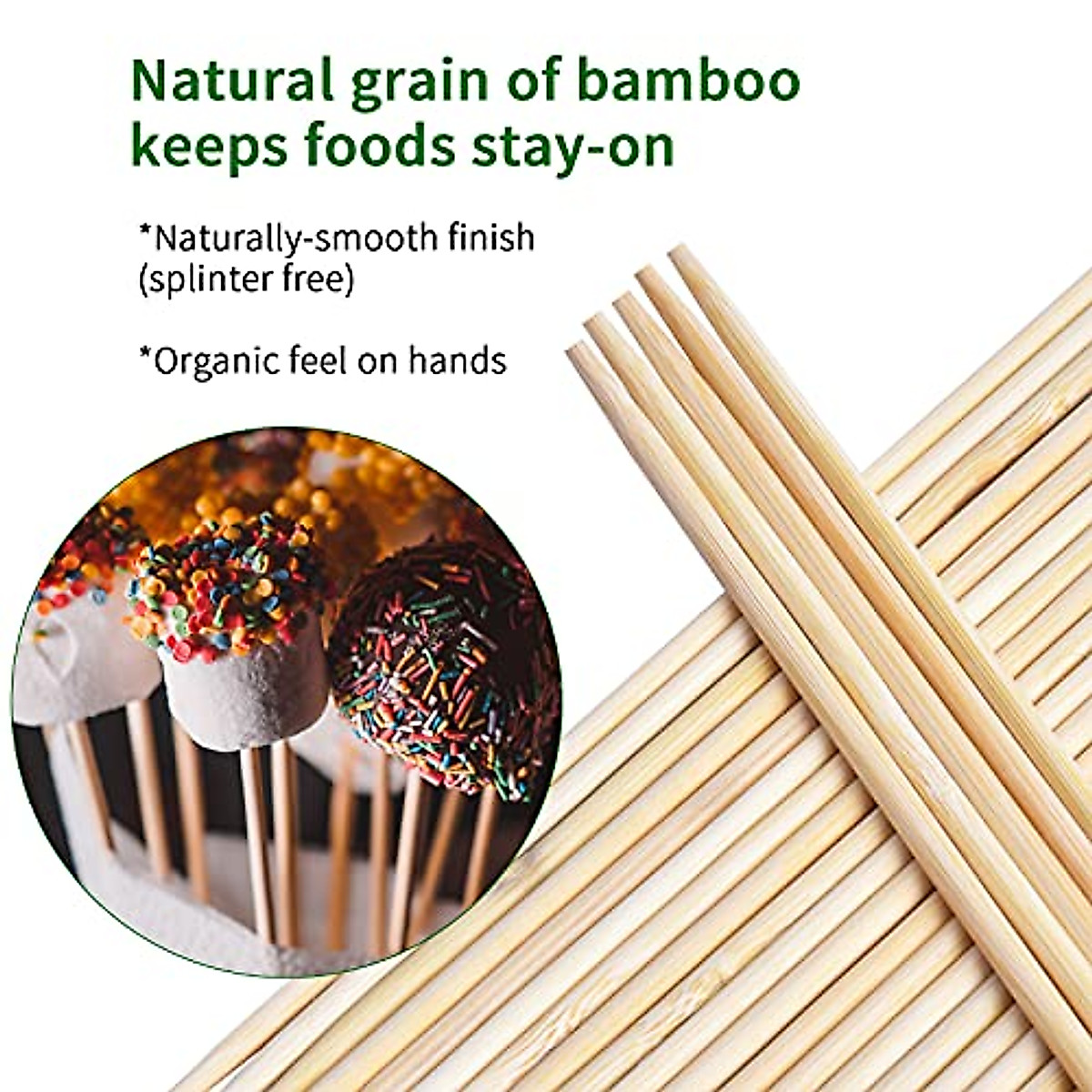Natural Bamboo Skewers 6 Inch, Kids Friendly/True Semi Pointed, For Fruit Kabobs Kebab Swizzle Appetizer Chocolate Fountain Fondue BBQ, Wooden Sticks For Cake Pop, Lollipop, Size Choices 4.3”,8”,10”