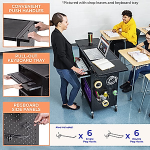 Line Leader Stellar AV Cart | Reimagine Your Teacher Cart with Revolutionary Pegboard Siding & 12 Movable Peg Hooks for Customizable Storage | UL Safety Certified Mobile Workstation with Keyboard Tray