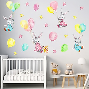SITAKE Wall Stickers for Kids, Cute Bunny and Balloon Wall Decals, Animal Wall Stickers and Murals, Rabbit Wall Stickers for Girls' Bedroom Nursery Living Room Playroom (Bunny Balloon)