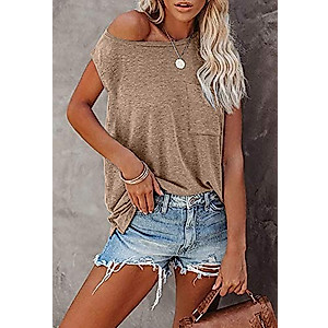 MIROL Women's Sleeveless Tank Tops Basic Loose Tunic T Shirts Batwing Sleeve Solid Color Casual Tee with Pocket Khaki