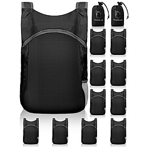 12 Pieces Foldable Hiking Daypacks Water Resistant Lightweight Packable Backpack Black Collapsible Backpack Camping Packable Bag for Women Men Travel Outdoor Running Sports Activities