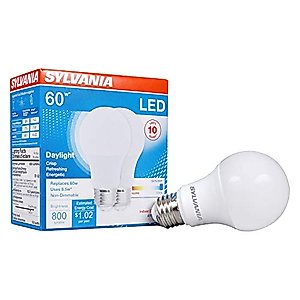 SYLVANIA LED Light Bulb, 60W Equivalent A19, Efficient 8.5W, Medium Base, Frosted Finish, 800 Lumens, Daylight - 2 Pack (79282)
