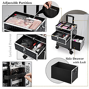 Joligrace Rolling Makeup Case with Wheels Professional Cosmetology Large Train Case Wheeled Cosmetic Trunk with 8 Divided Trays for Makeup Artist, Hair Stylish or Home Use - Black