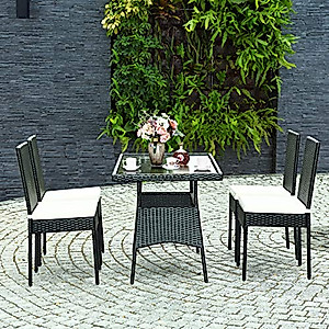 Tangkula 5 Piece Wicker Patio Dining Set, Outdoor Rattan Table & Chairs Set with Tempered Glass Top & Padded Cushions, Patio Furniture Dining Table Set for Balcony Patio Garden Poolside