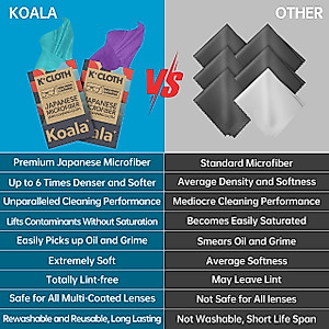 Koala Lens Cleaning Cloth | Japanese Microfiber | Glasses Cleaning Cloths | Eyeglass Lens Cleaner | Eyeglasses, Camera Lens, VR/AR Headset, and Screen Cleaning | Blue & Purple (Pack of 2)