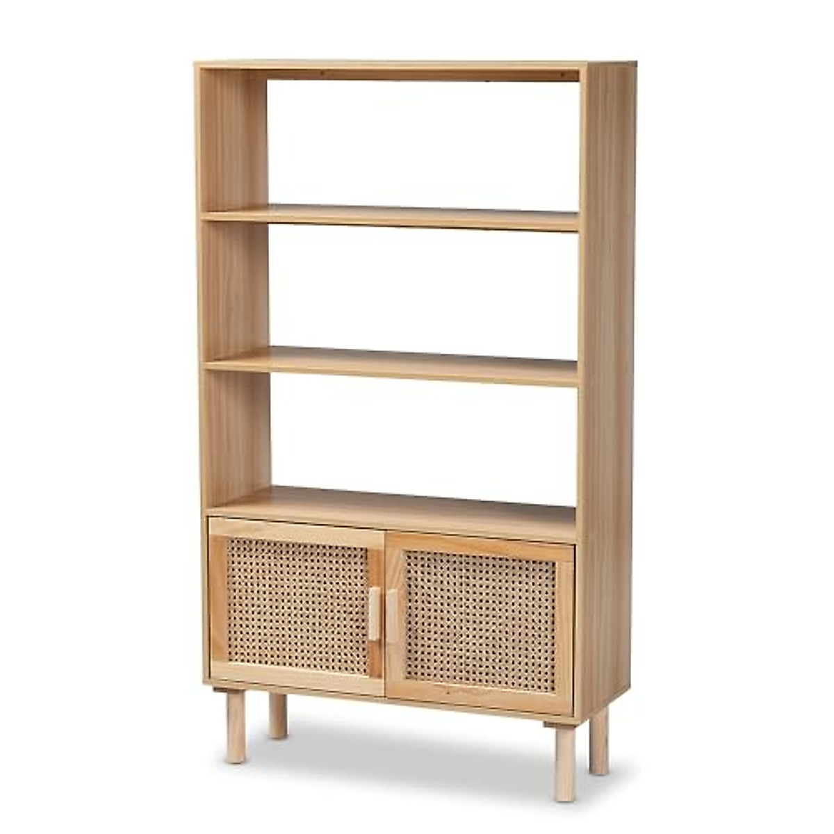 Baxton Studio Faulkner Mid-Century Modern Natural Brown Finished Wood and Rattan 2-Door Bookcase