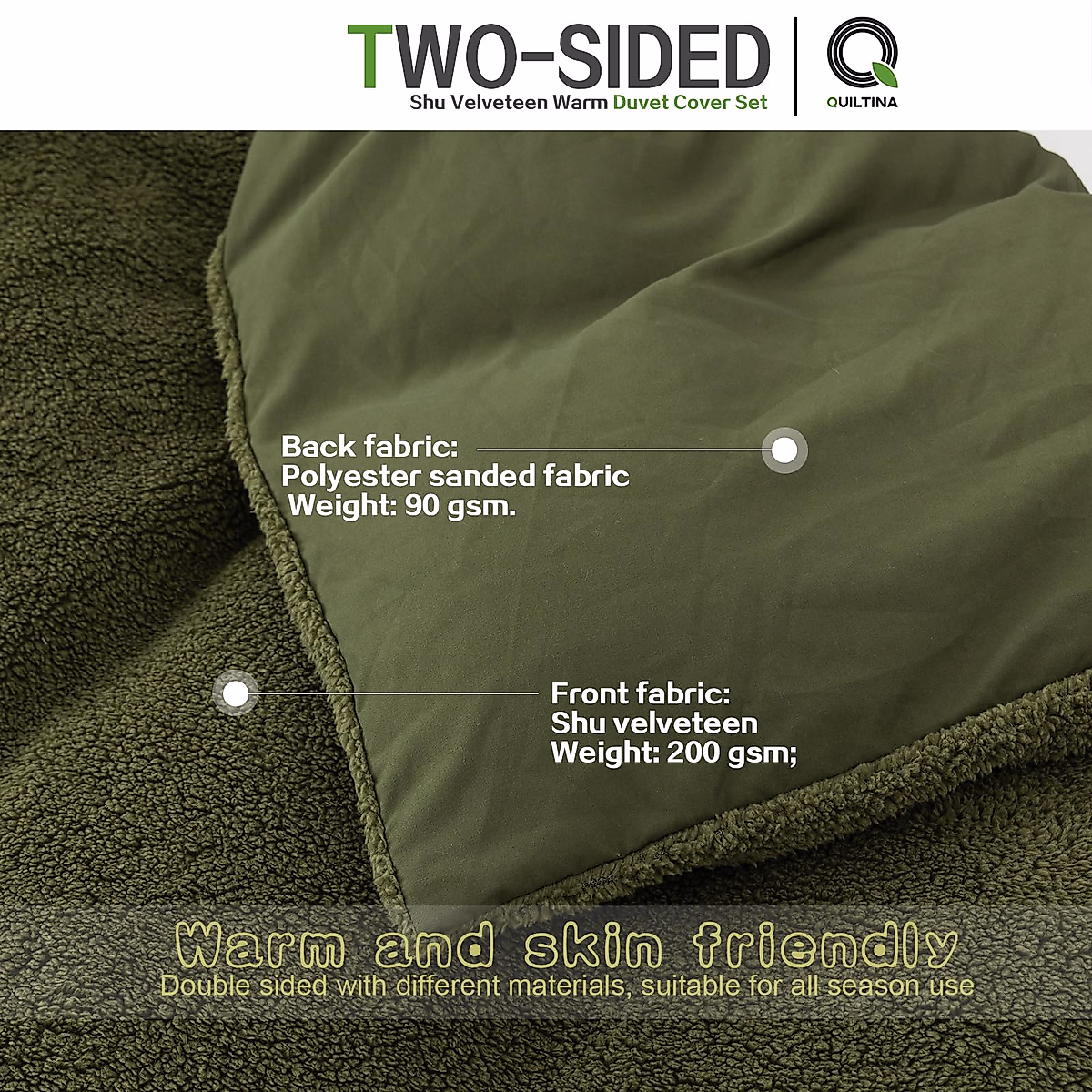 QUILTINA Shu Velveteen Warm Duvet Cover Set Queen Size with 2 Pillowcases, Coral Fleece Luxury Quilt Cover Anti-Static for Winter, Double Sided Velvet and Sanded Blanket, Army Green, 90" x 90"