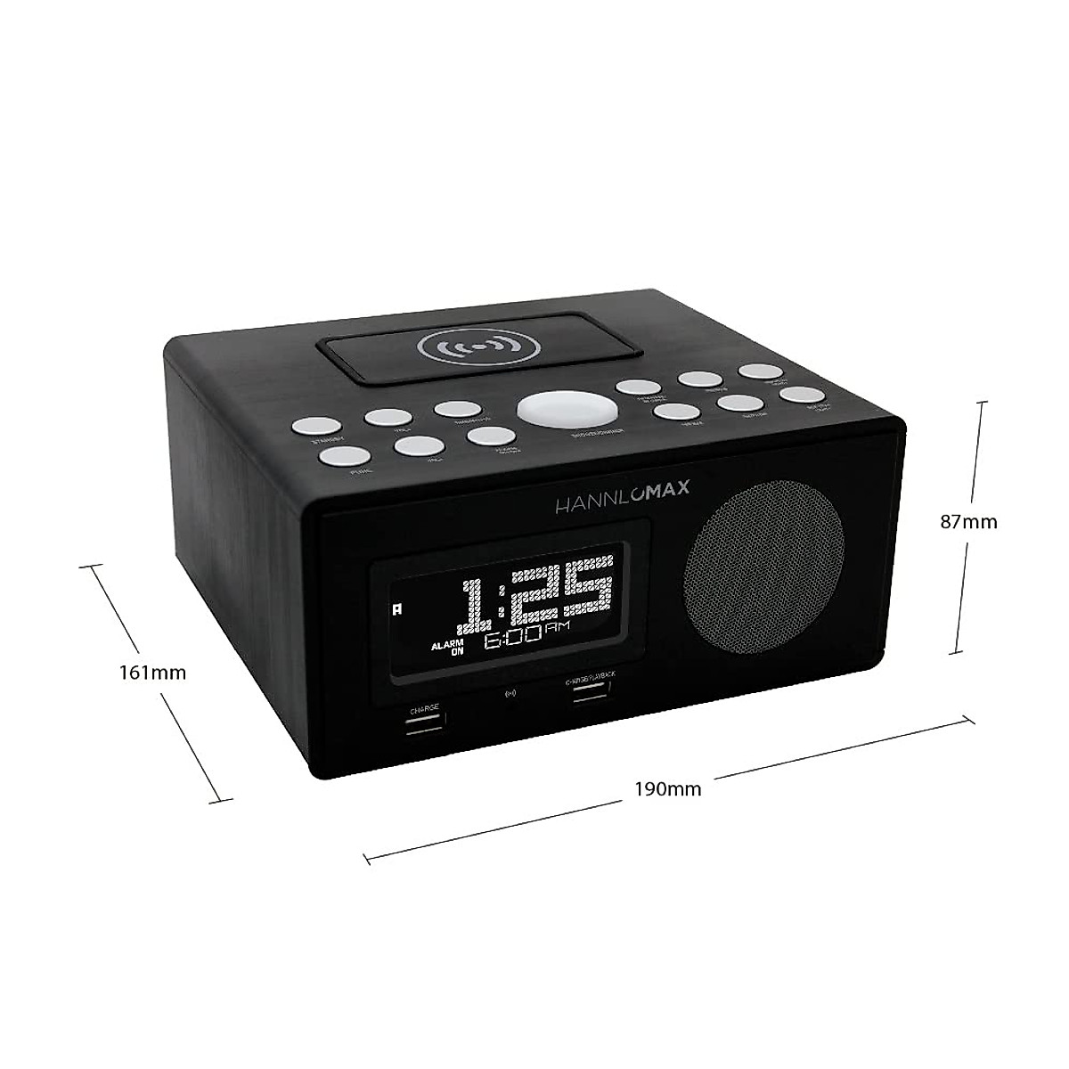 HANNLOMAX HX-202Qi Alarm Clock Radio, Wireless Charging, Bluetooth, 10W Output Power, Dual USB Ports for Charging and MP3 Playback, Temperature, Nightlight, Time Zone, Aux-in. (Black)