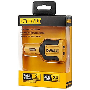 DEWALT 2-Port USB Car Charger — 24W Fast Charge Dual Port USB-A for iPhone 14 13 12 11 Pro Max X XR XS 8 Plus 6s iPad — Compatible with Samsung Galaxy S22 S21 S10 Plus S7 GPS