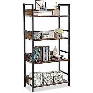 VANSPACE Bookshelf 4 Tier Industrial Bookcase Rustic Wood and Metal Standing Bookshelf with Back Panel Book Shelf for Bedroom, Home Office Storage Rack Shelf, Rustic Brown