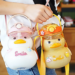 Large Cute Duck Water Bottle with Straw and Strap 34oz Kawaii Duck Water Bottle with 3D Stickers for Kids Toddler Girls School Sports Travel Leakproof Portable Handle Hot and Cold Bottles (Yellow)