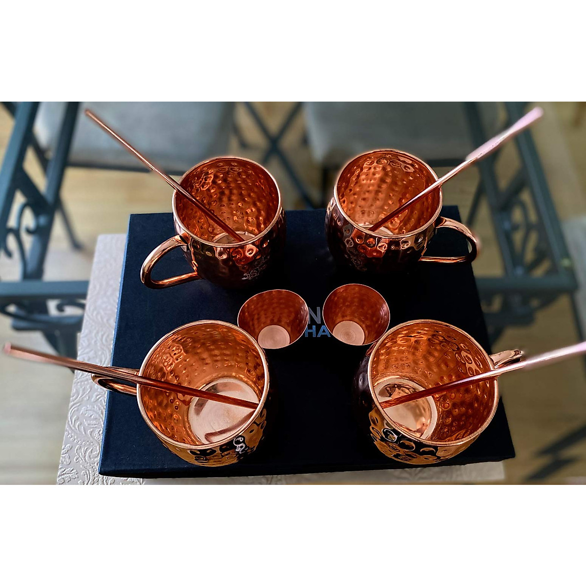 SciencePurchase Set of 4 Pure Copper Moscow Mule Mugs Gift Set with 4 Copper Cocktail Straws and 2 Shot Glasses, Each Hammered Mug Holds 18 Ounces