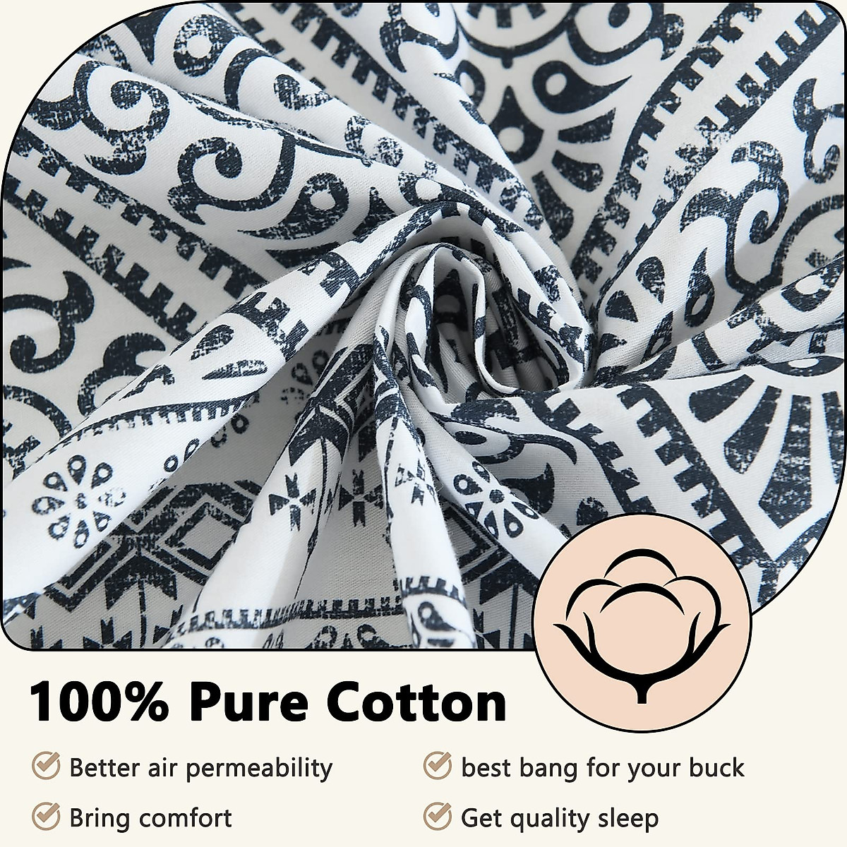 DUOMING Boho Duvet Cover King - 100% Cotton Duvet Cover King Size, White Blue Duvet Cover King with Zipper Closure & 8 Ties, 3 Piece 90x104 Bohemian Duvet Cover Set