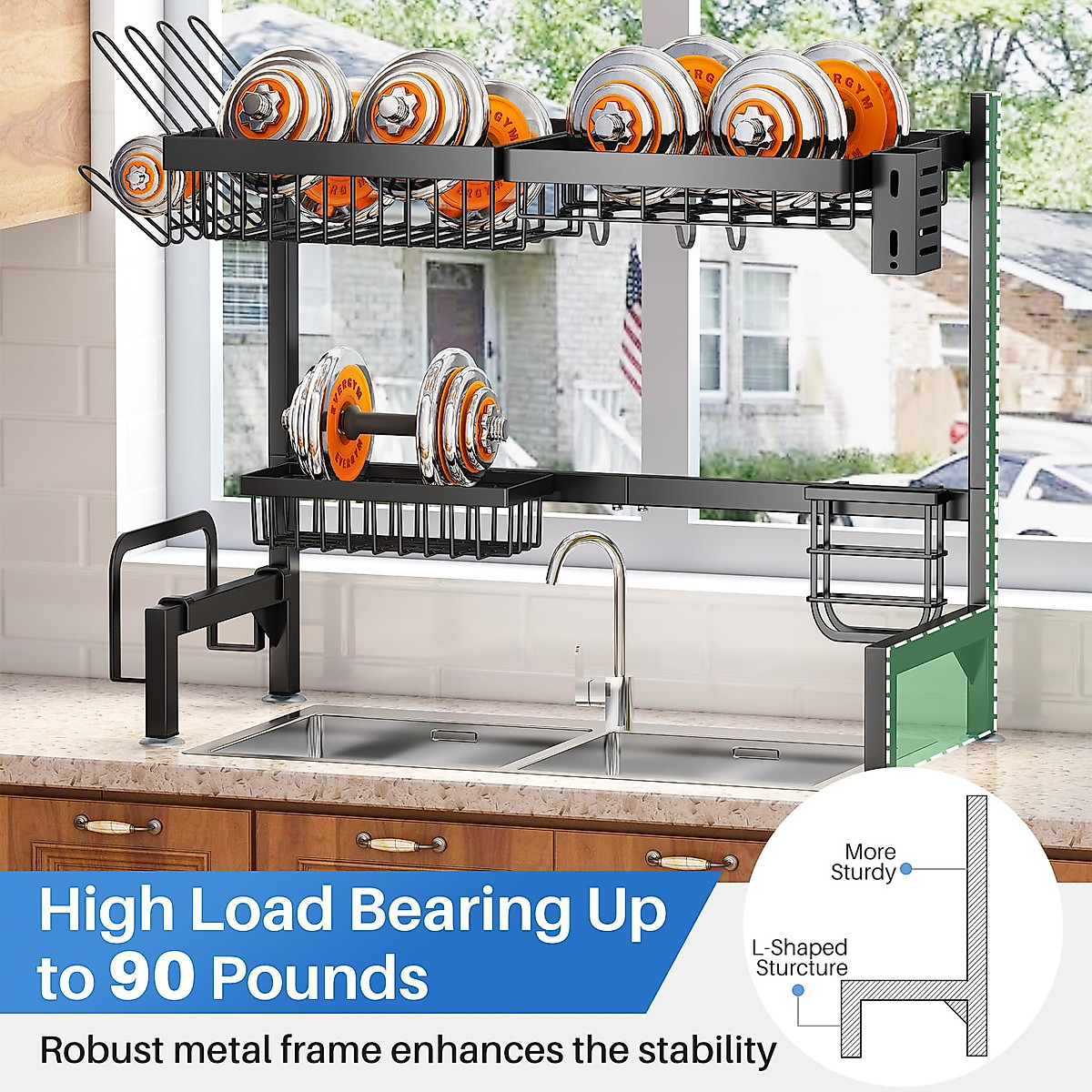 SNTD Over The Sink Dish Drying Rack, Width Adjustable (26.8" to 34.6") 2 Tier Dish Rack Drainer for Kitchen Counter Organization and Storage, Utensil Sponge Holder Sink Caddy Dryer Rack Black