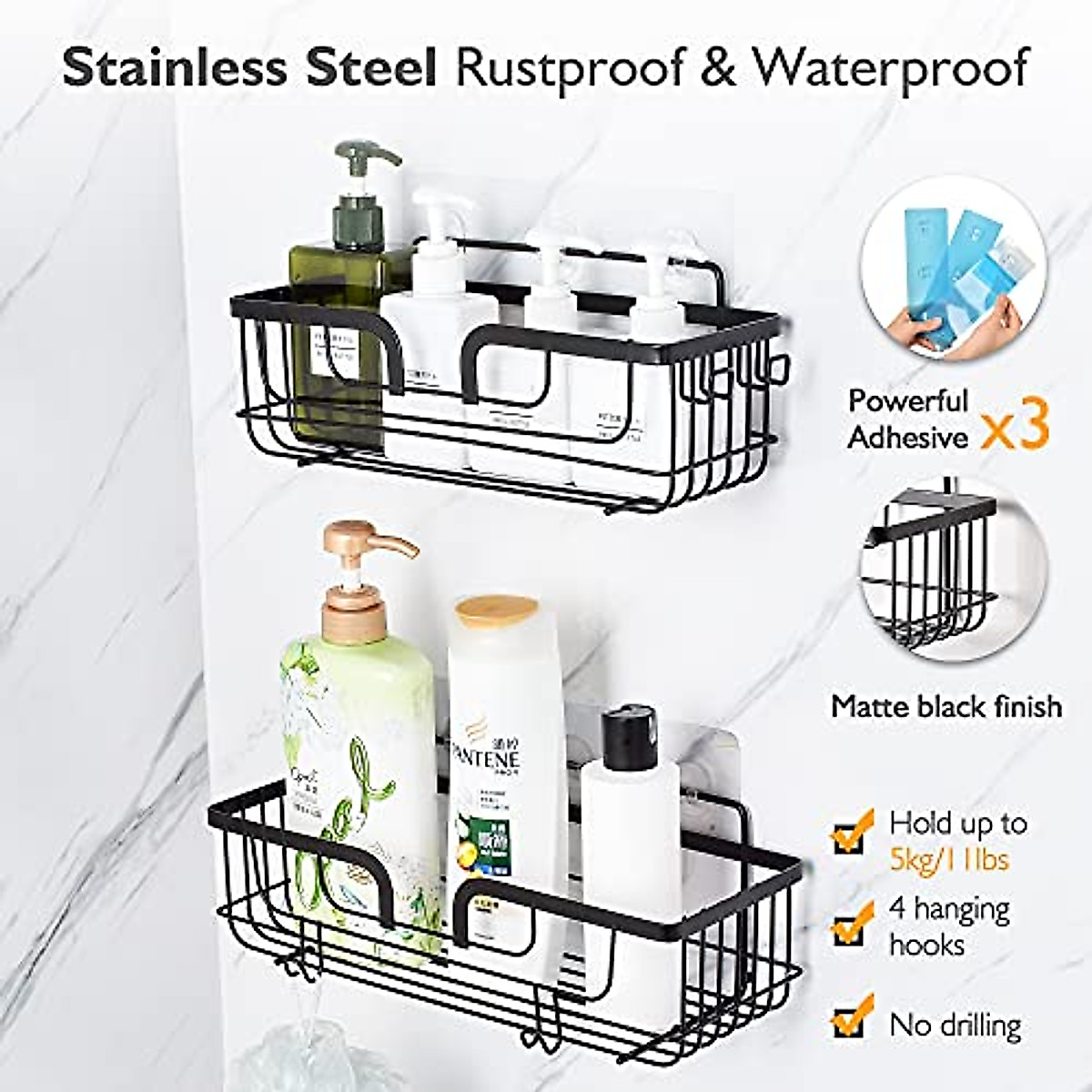 JOMOLA Shower Caddy Shelves Adhesive Bathroom Organizer Basket Kitchen Shelf Wall Storage Rack with 4 Hanging Hooks No drilling, Stainless Steel, Black 2pcs