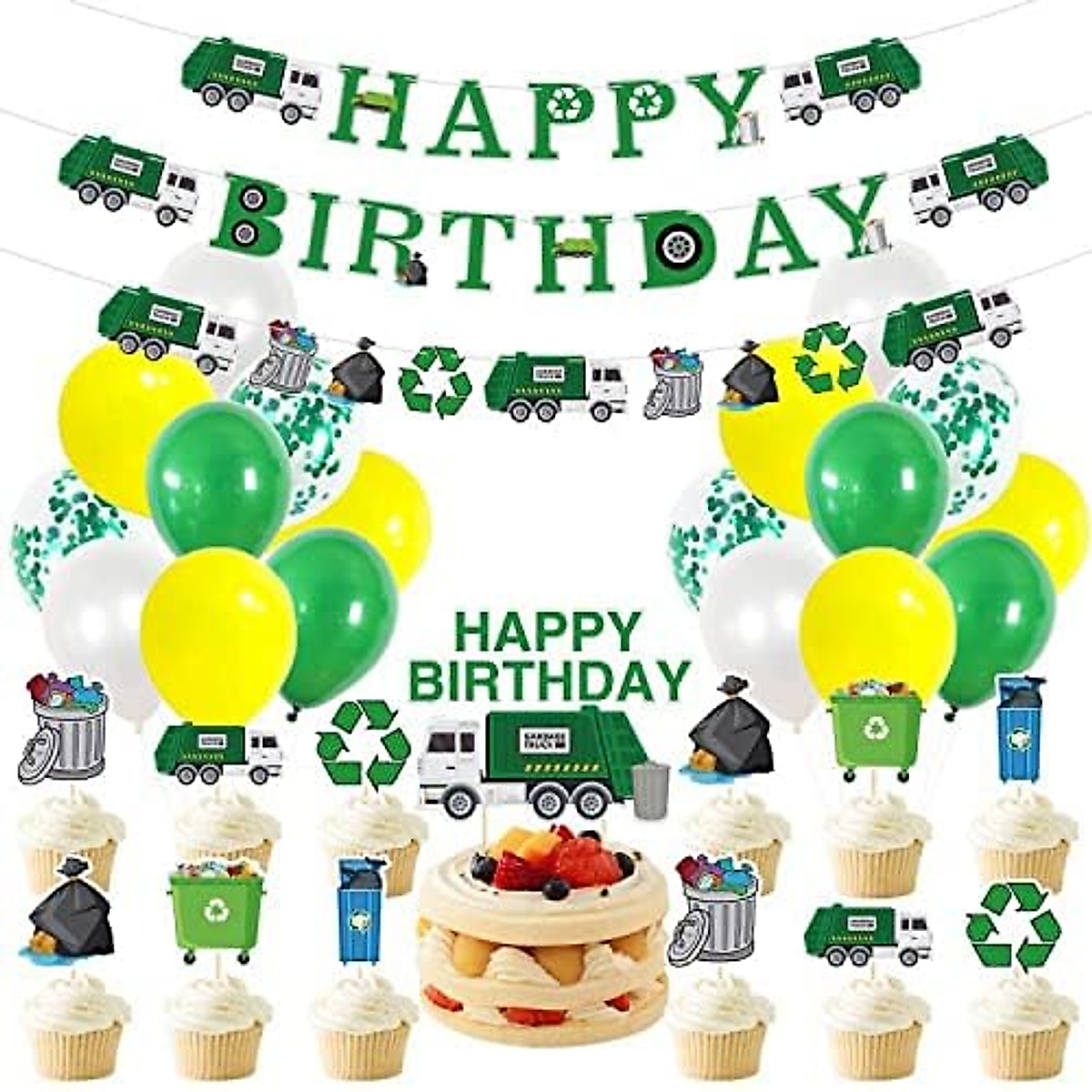 Dulousia Garbage Truck Party Supplies - Trash Truck Happy Birthday Banner, Garbage Truck Themed Balloons, Cup Cake Toppers for Waste Management Recycling Party