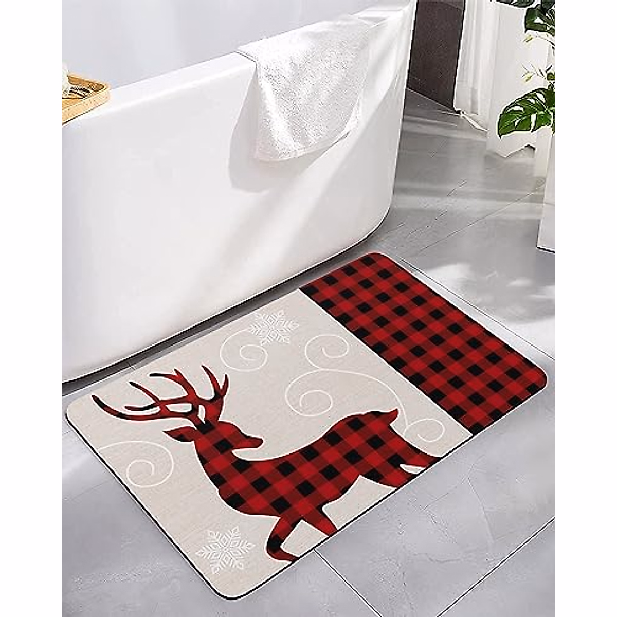 Christmas Reindeer Bath Mat for Tub,Non Slip Bathroom Floor Runner Rug Quick Dry & Absorbent Diatomaceous Earth Kitchen Shower Sink Washable Doormat,Red Black Buffalo Plaid Checkered Snowflake 16"x24"